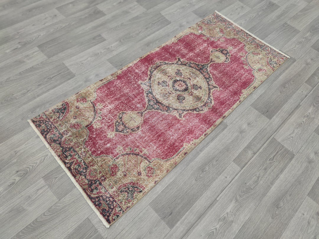Oushak Vintage Rug 3x6, Pale Red Beige Green Rug, Bar Area Rug ...