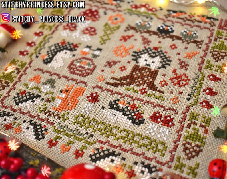 Hedgehogs Cross Stitch Pattern PDF Primitive Sampler Mushroom - Etsy