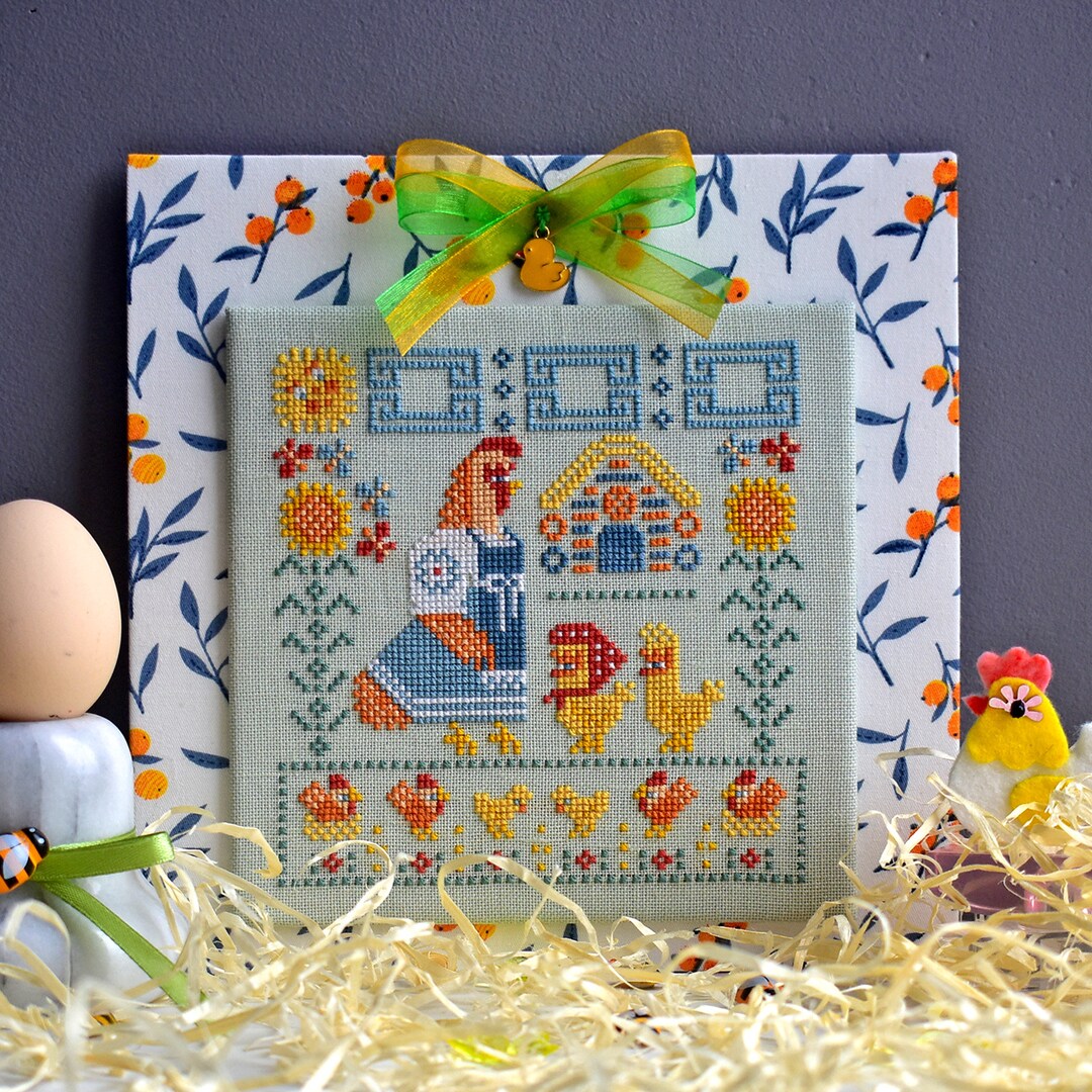 Primitive Hen Cross Stitch Pattern PDF Sampler Hut Chicken Summer ...