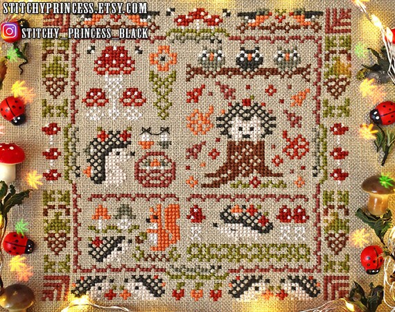 Hedgehogs Cross Stitch Pattern PDF Primitive Sampler Mushroom - Etsy