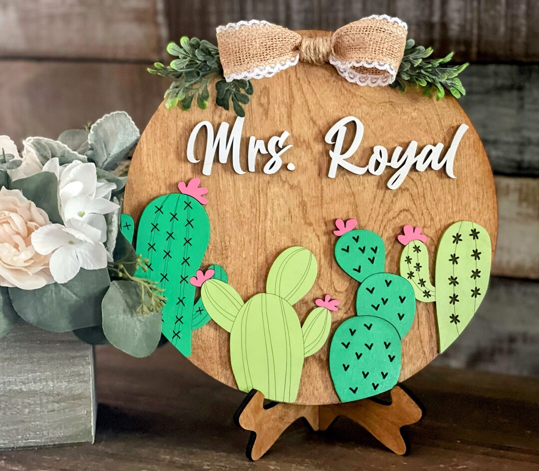 Cactus Teacher Sign, Wooden Sign With Easel, Personalized Sign for Desk ...