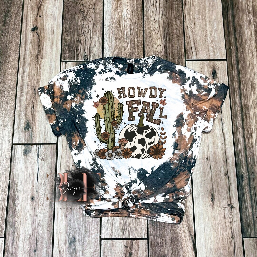 Howdy Fall Cowhide Bleached Sublimation T-shirt, Cow Print Bleached ...