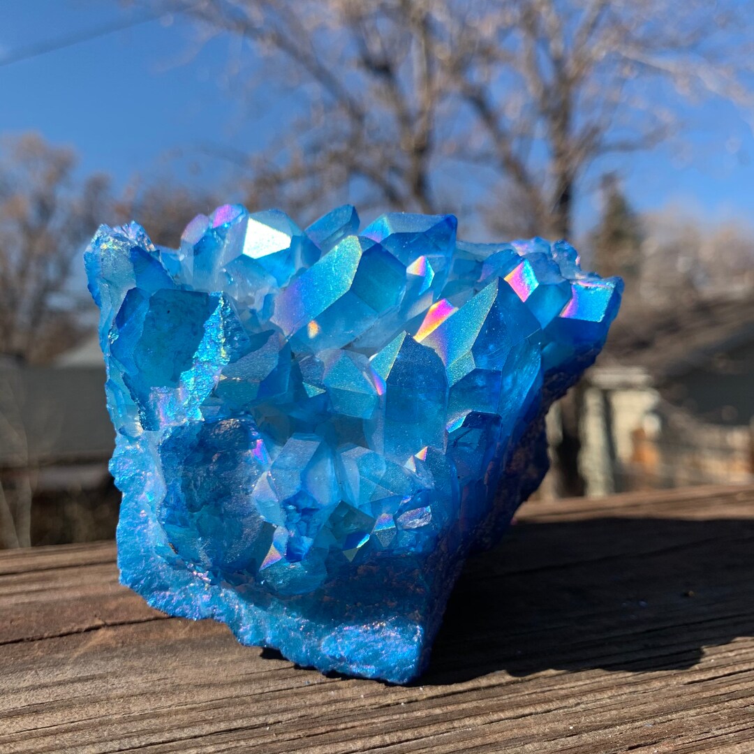 Blue Flame Aura Quartz Crystal Cluster 719g - Etsy