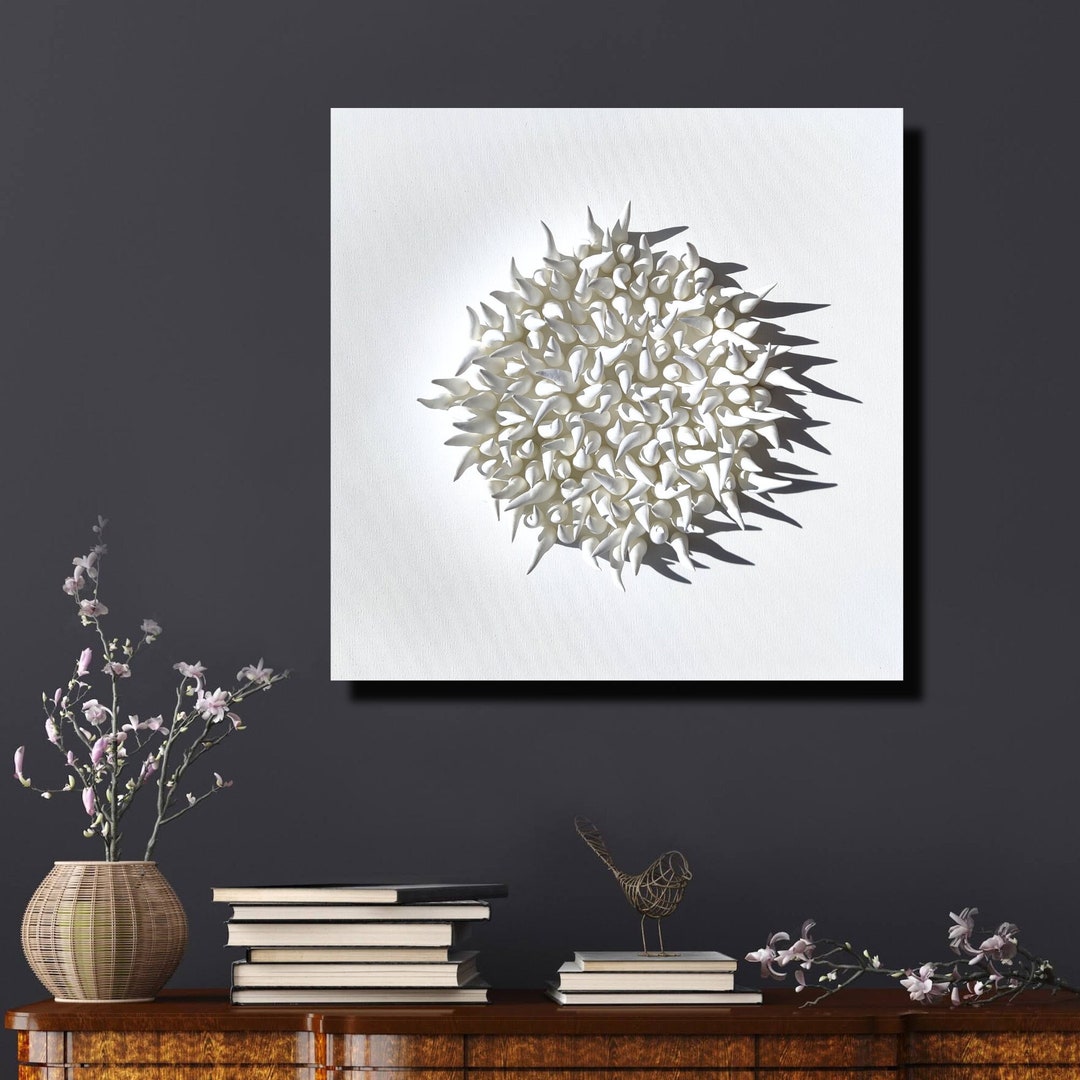 White Spikes Wall Sculpture on a 20" Square Canvas, Abstract Wall ...