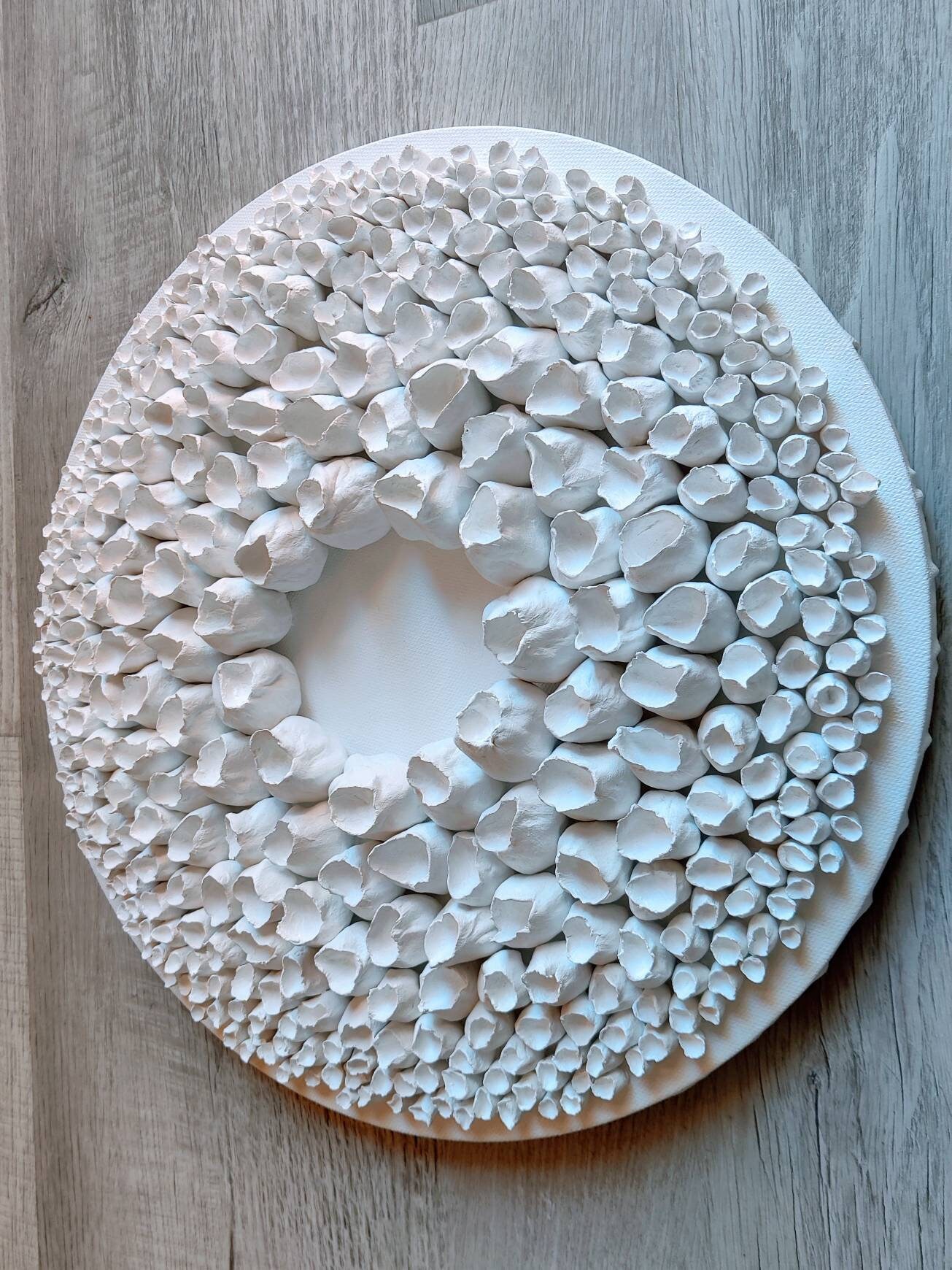 White Clay Wall Sculpture: Abstract Wreath Art on Canvas (14 Inch). - Etsy
