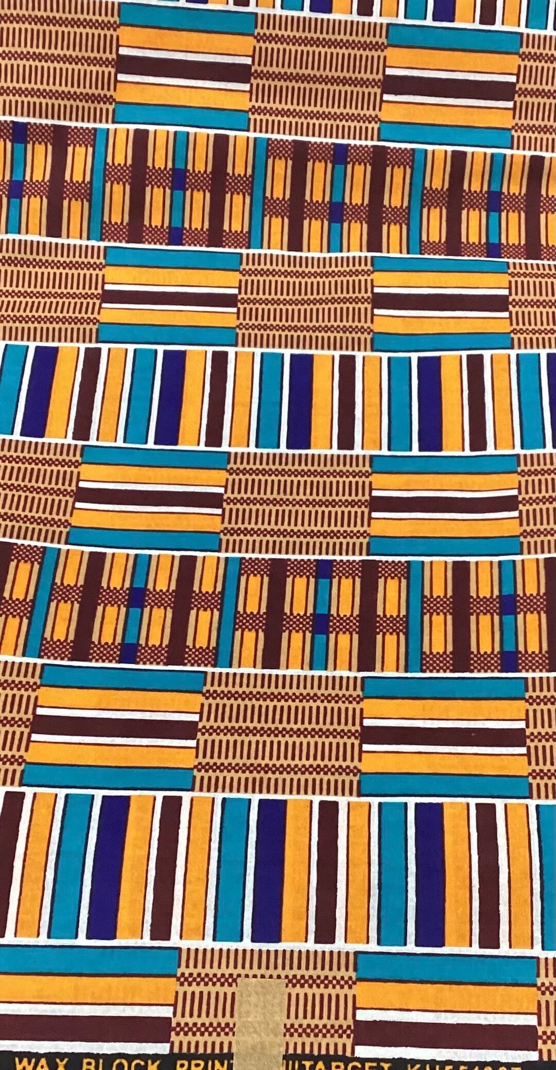 African Print Fabric, Lines, Turquoise, Brown, Yellow, Gold, Dark Blue ...