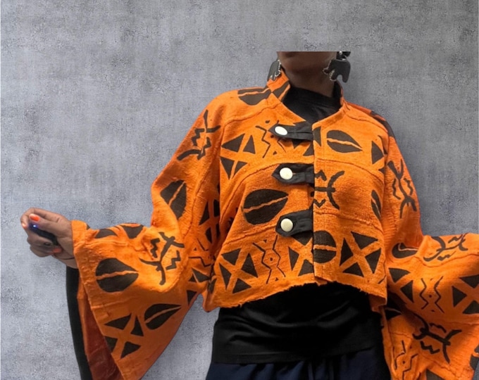 Orange Mudcloth Crop Jacket, 19L, 36W, Round Neck No Collar, 3 Button ...