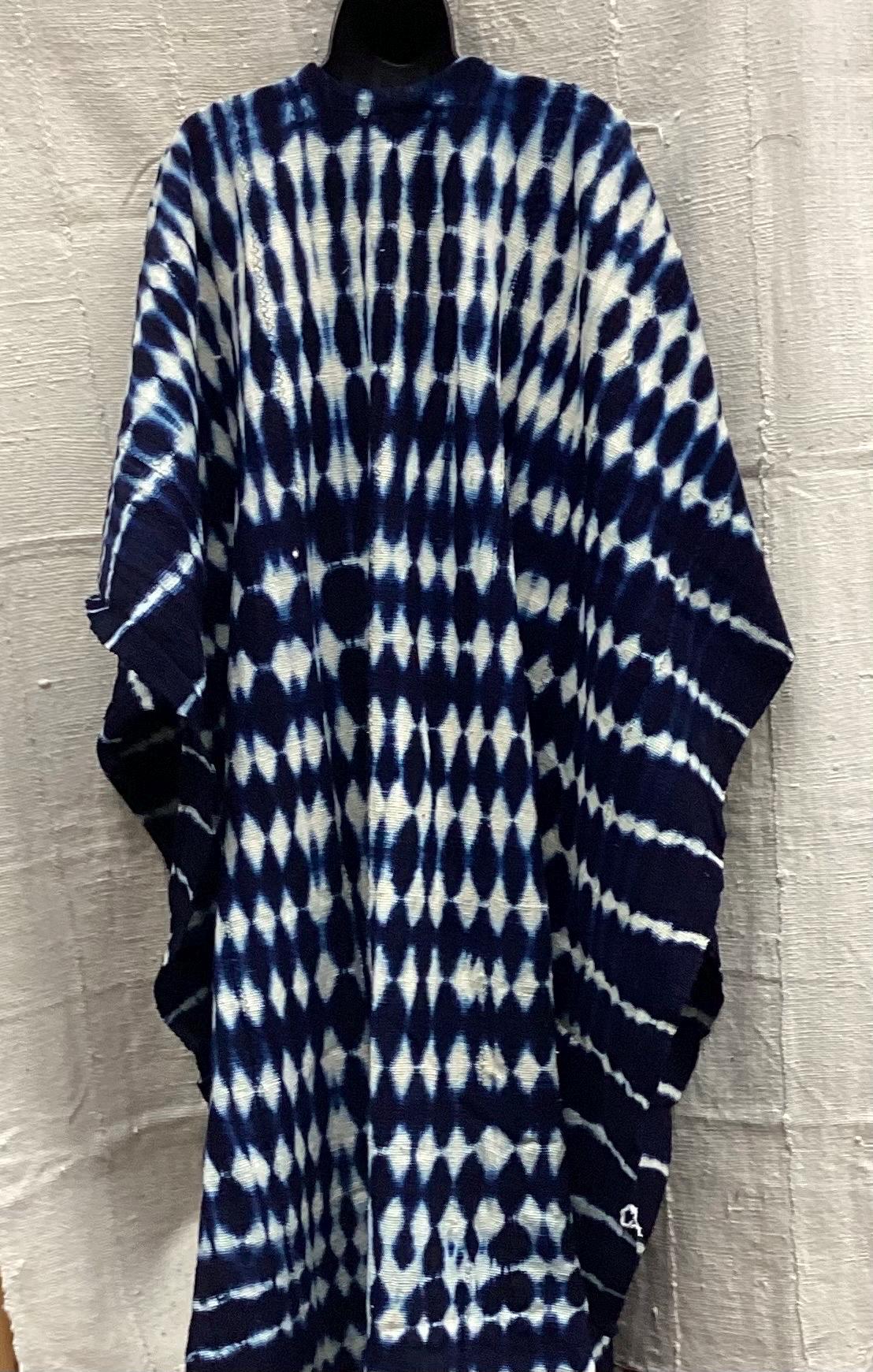 Mudcloth Poncho, Indigo, Shibori, White Stripes, Pocket in Front, Bubu ...