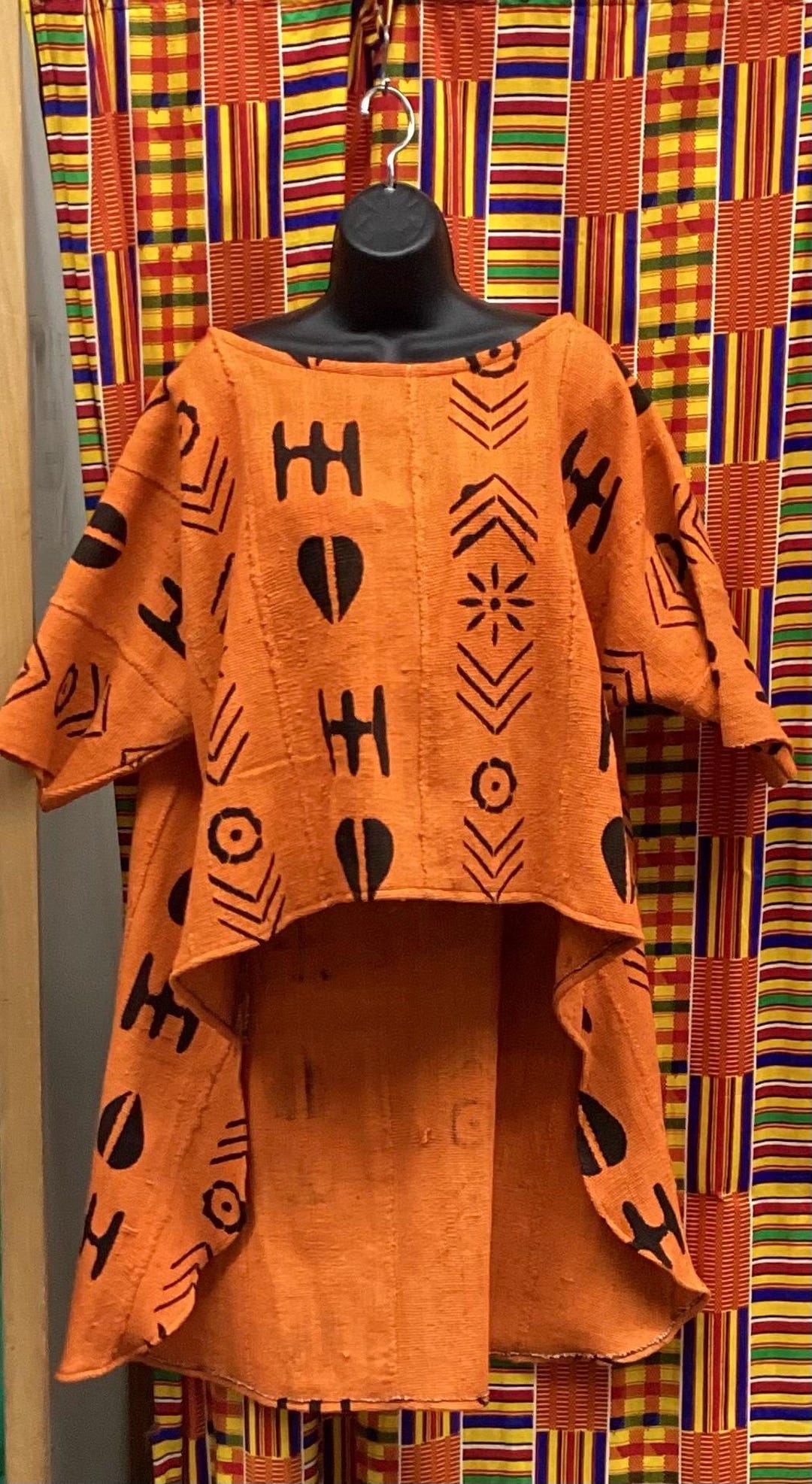 Orange Mud Cloth High Low Shawl, Top is 23 Inches Long, 59 Inches in ...