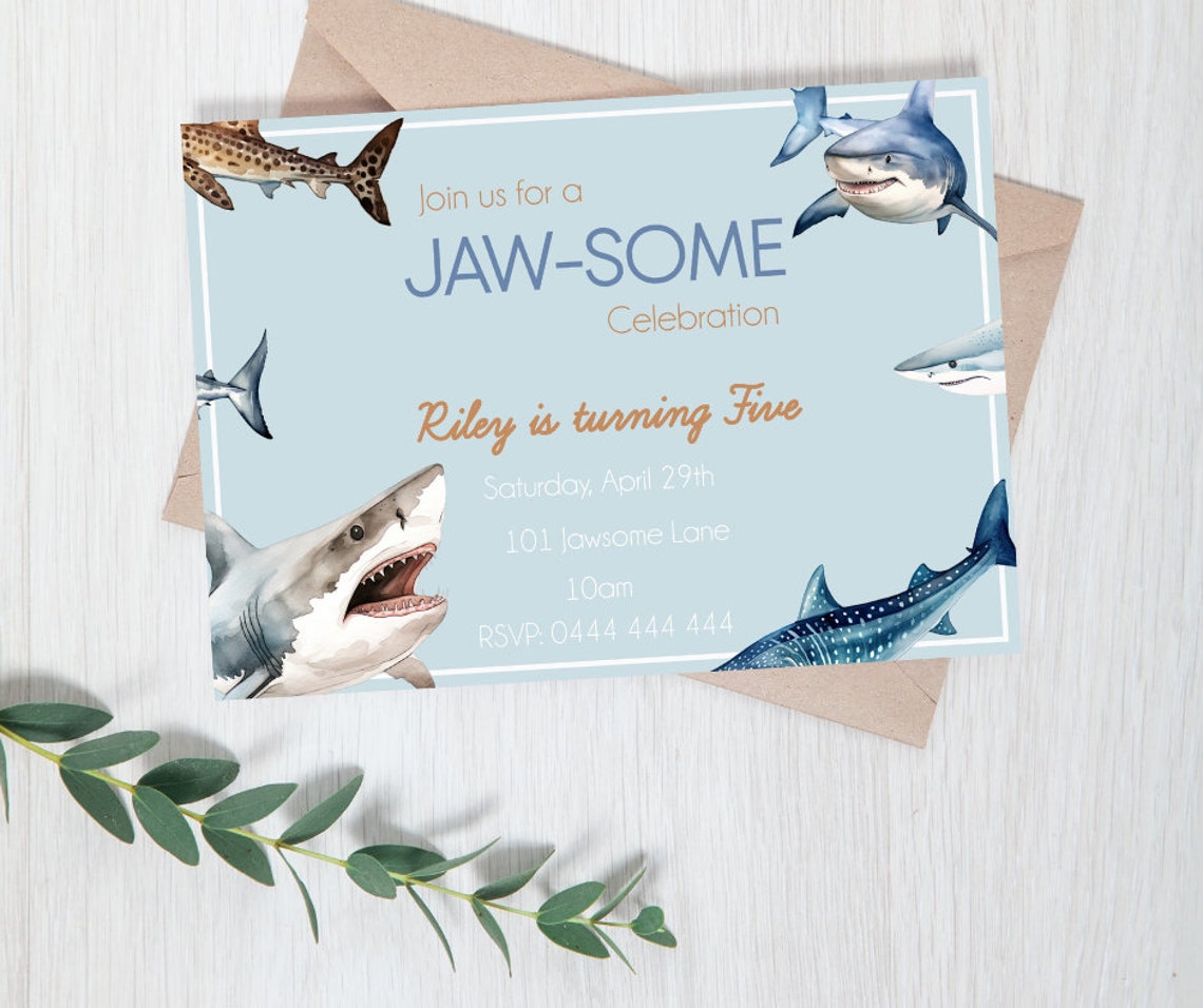 Shark Digital Birthday Invitation, Editable Invitation, Jaw-some, Shark ...