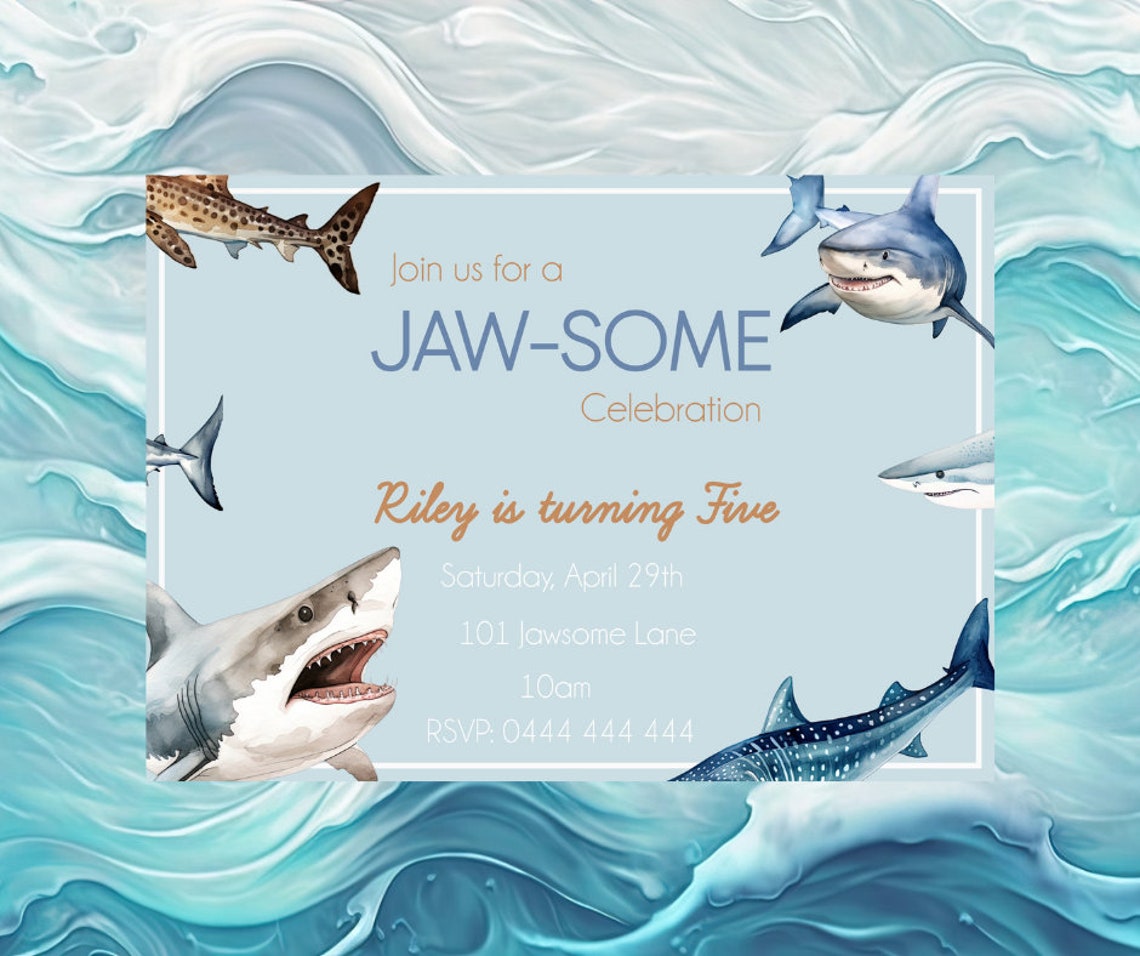 Shark Digital Birthday Invitation, Editable Invitation, Jaw-some, Shark ...