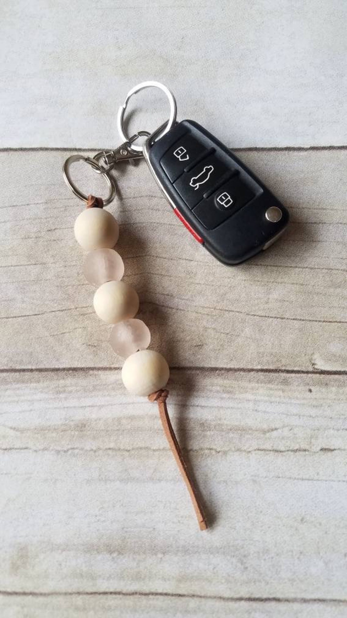 Natural Wood and Pink Glass Bead Keychain | Boho Keychain and Purse ...
