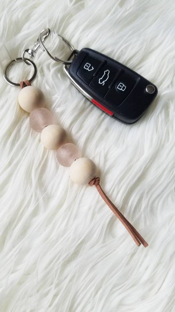 Natural Wood and Pink Glass Bead Keychain | Boho Keychain and Purse ...