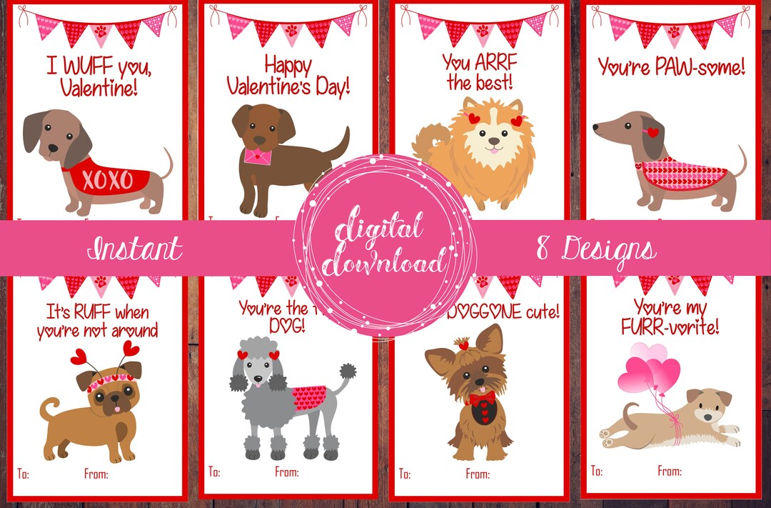 Dog Valentine's Day Cards, 8 Different Designs, School Classroom ...