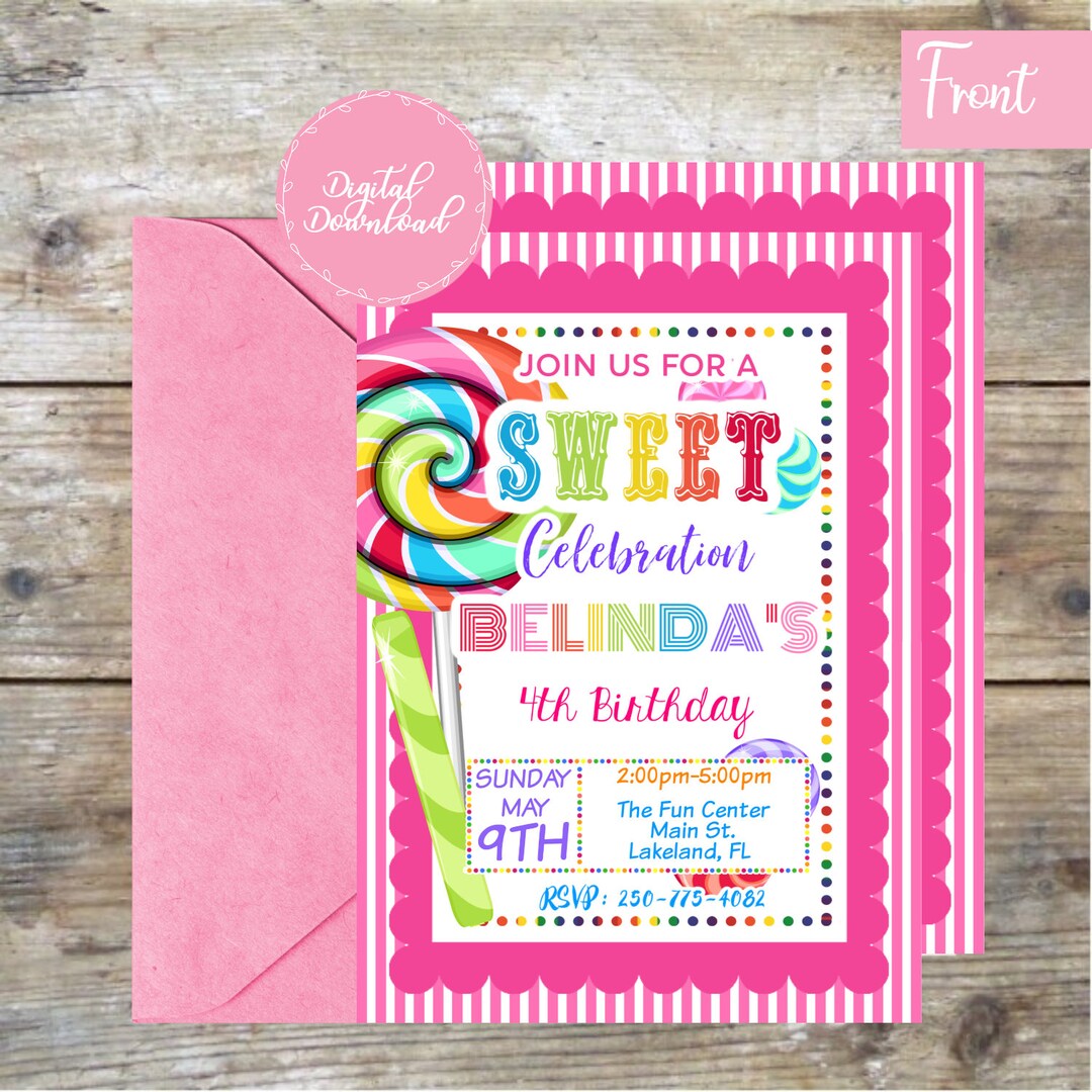 Personalized Candy Birthday Celebration Invitation, Pink Lollipop ...