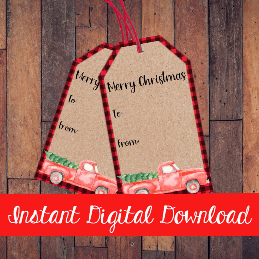 Holiday Red Truck Gift Tags Red and Black Buffalo Check Merry Christmas ...