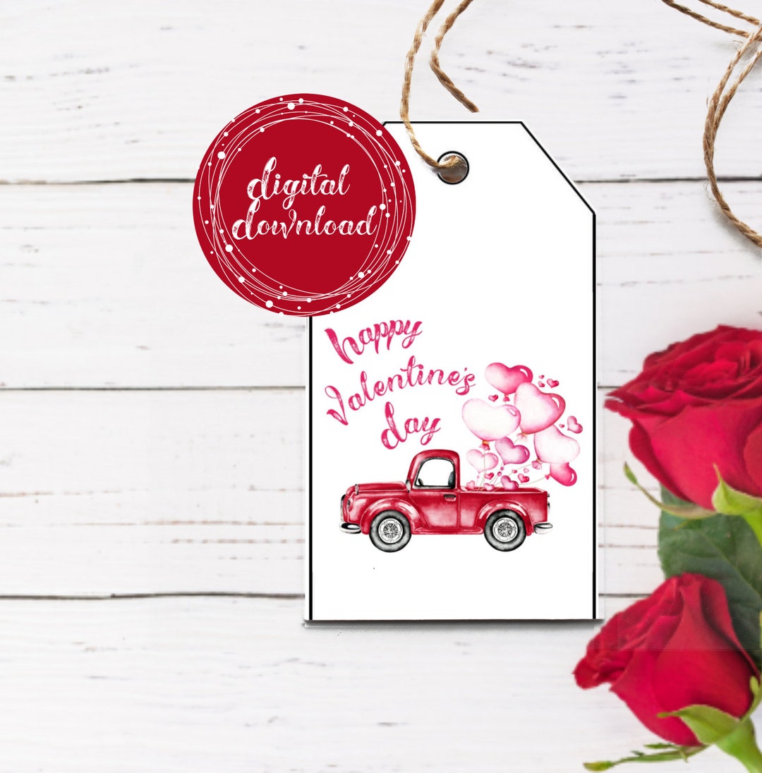 Printable Happy Valentine's Day Red Truck Tags Heart Balloons, Favors ...