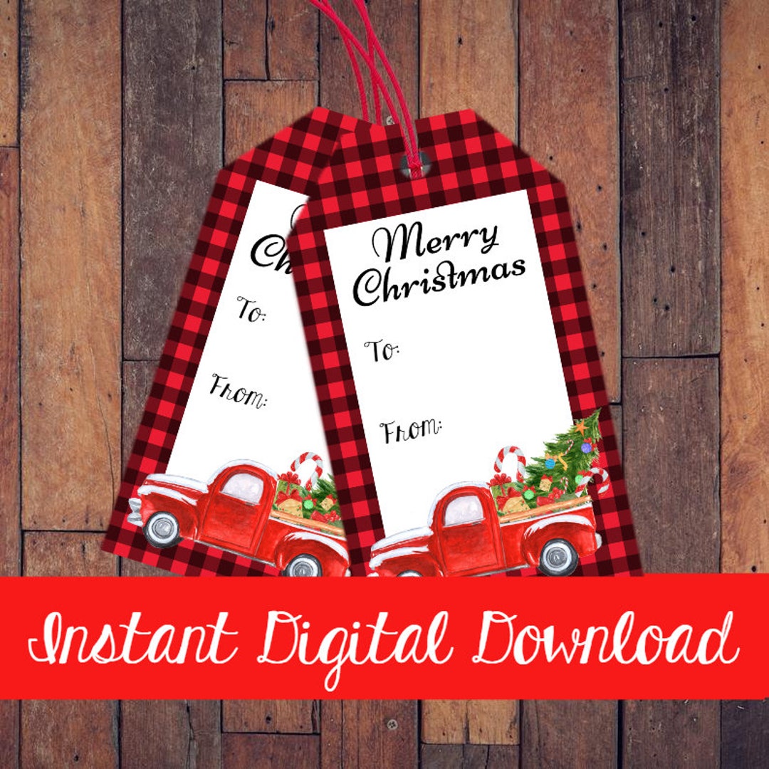 Holiday Red Truck Gift Tags Buffalo Check Red & Black Plaid Merry ...