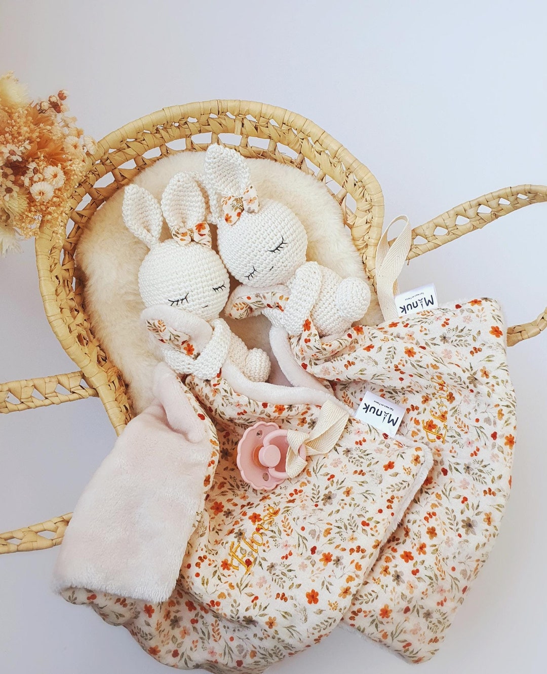 Personalized Flat Comforter, Crochet Rabbit, Pacifier Clip, Cuddly ...