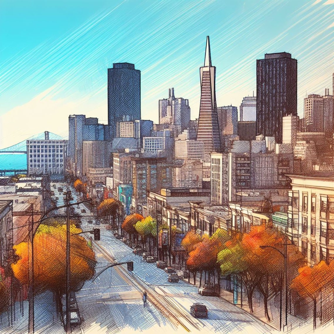 San Francisco Skyline Color Sketch, San Francisco Wall Art, San ...