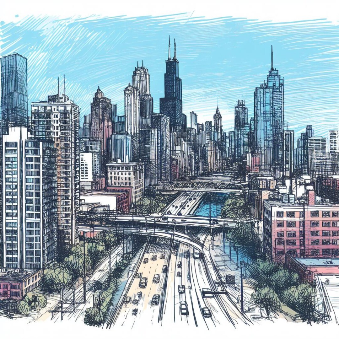 Vibrant Chicago Skyline Color Sketch - Etsy