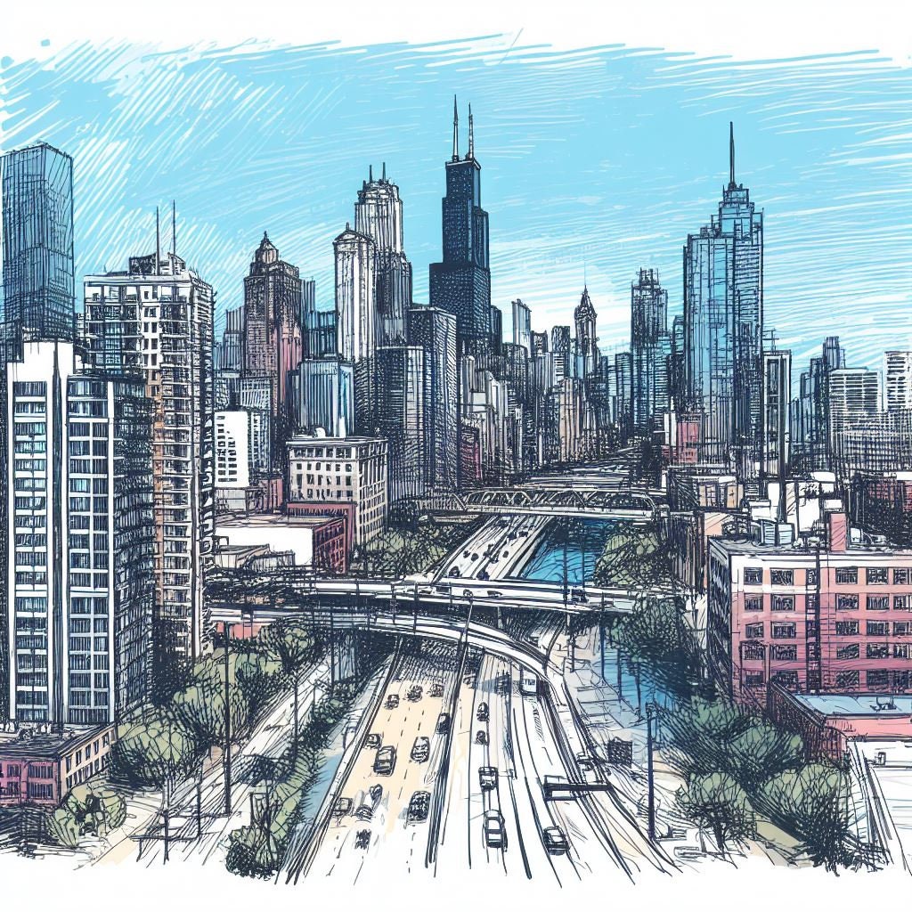 Vibrant Chicago Skyline Color Sketch - Etsy