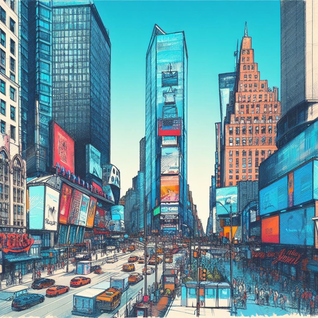 Times Square, New York City Sketch - Vibrant Urban Art, NYC Nightlife ...