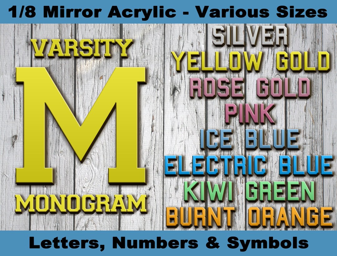 Varsity Monogram Lettering Color Mirror Acrylic Letter Number Symbol Shape Cutout DIY Sign ...