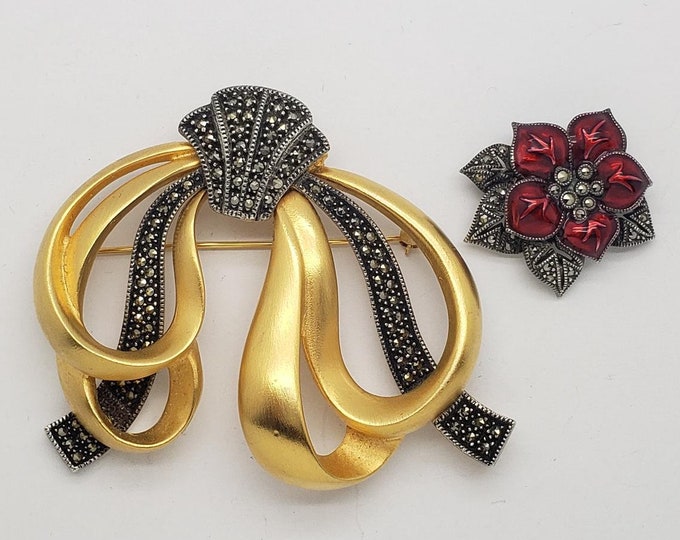 Vintage JJ JONETTE 1970s Large Solid Sterling Silver Marcasite 24K Gold ...