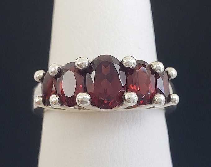 Vintage Genuine Garnet 5-stone Trellis Setting Solid Sterling Silver ...