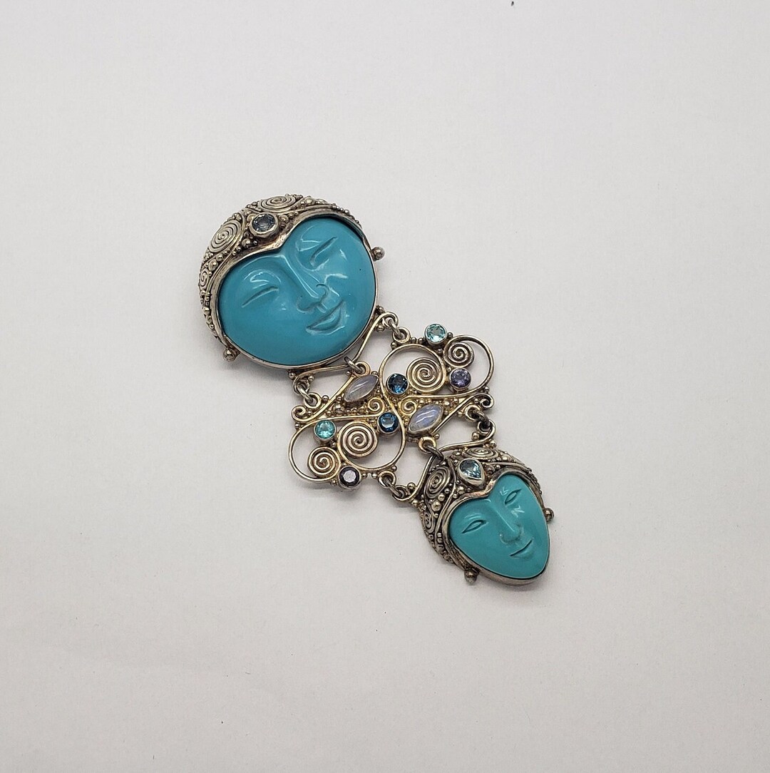 Vintage SAJEN Solid Sterling Silver Carved Turquoise Goddess Moon Face ...