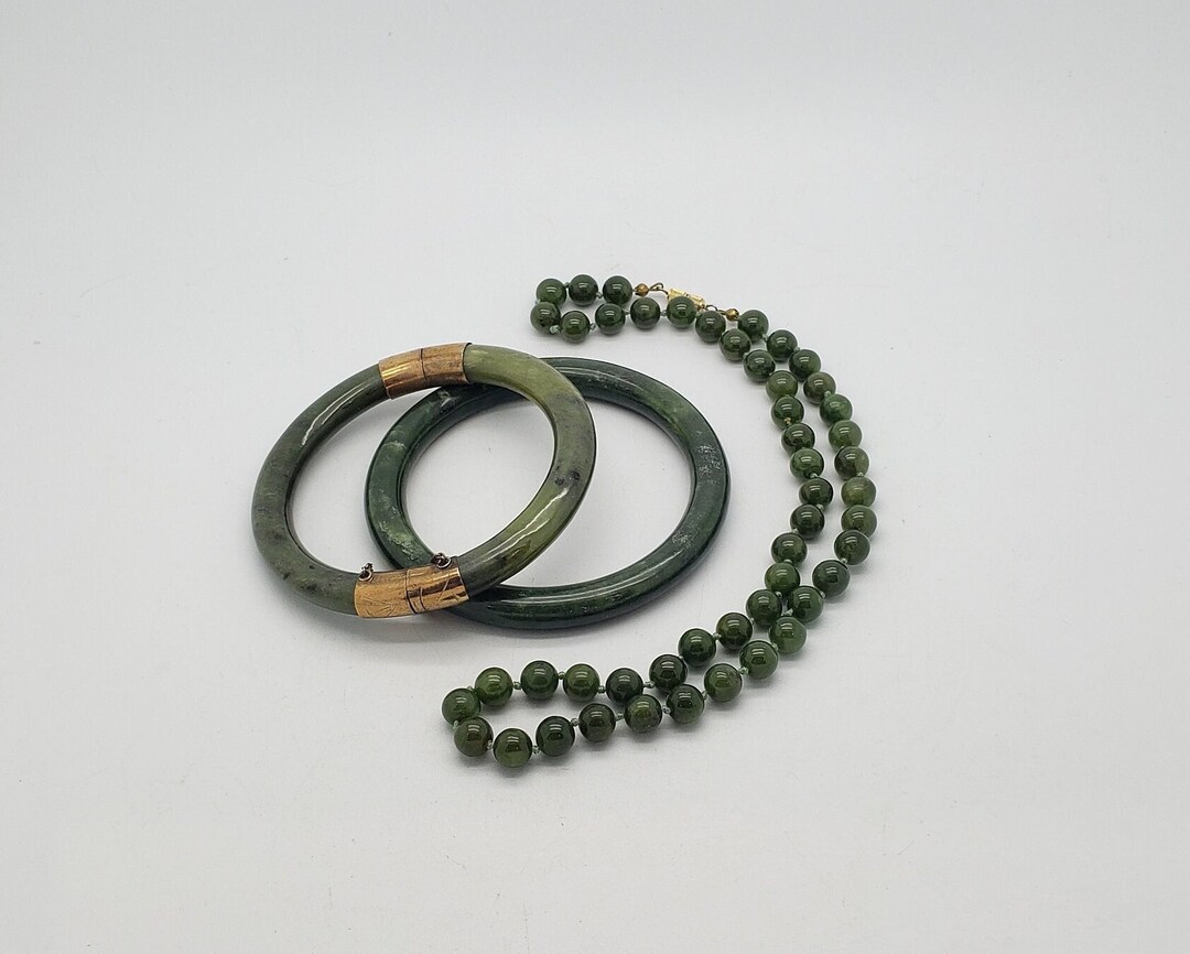 Vintage Genuine Green Nephrite Bangle & Hinged Bracelets Lot of 2 With ...