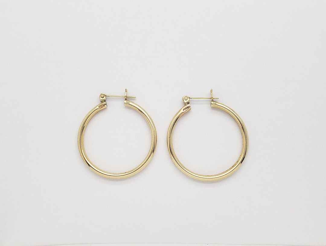 Estate 14K Solid Gold Latch Back Hollow Hoop Earrings 1-1/8" Round X 1/ ...