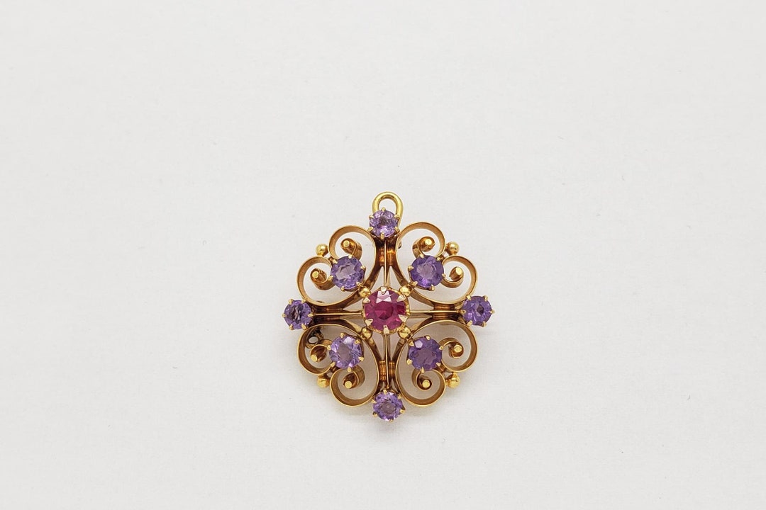 Antique Victorian Era 14K Solid Gold Genuine Amethyst & Ruby Brooch ...