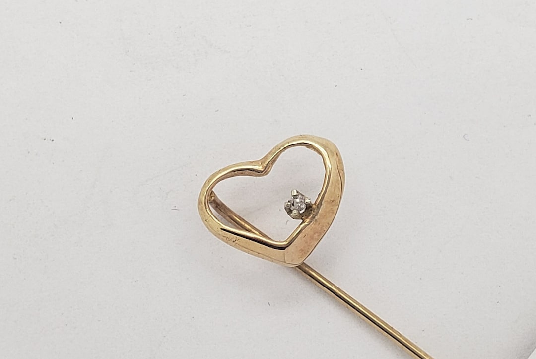 Vintage 14K Solid Gold Genuine Diamond Ladies Scarf Heart Stick Pin 2-3 ...