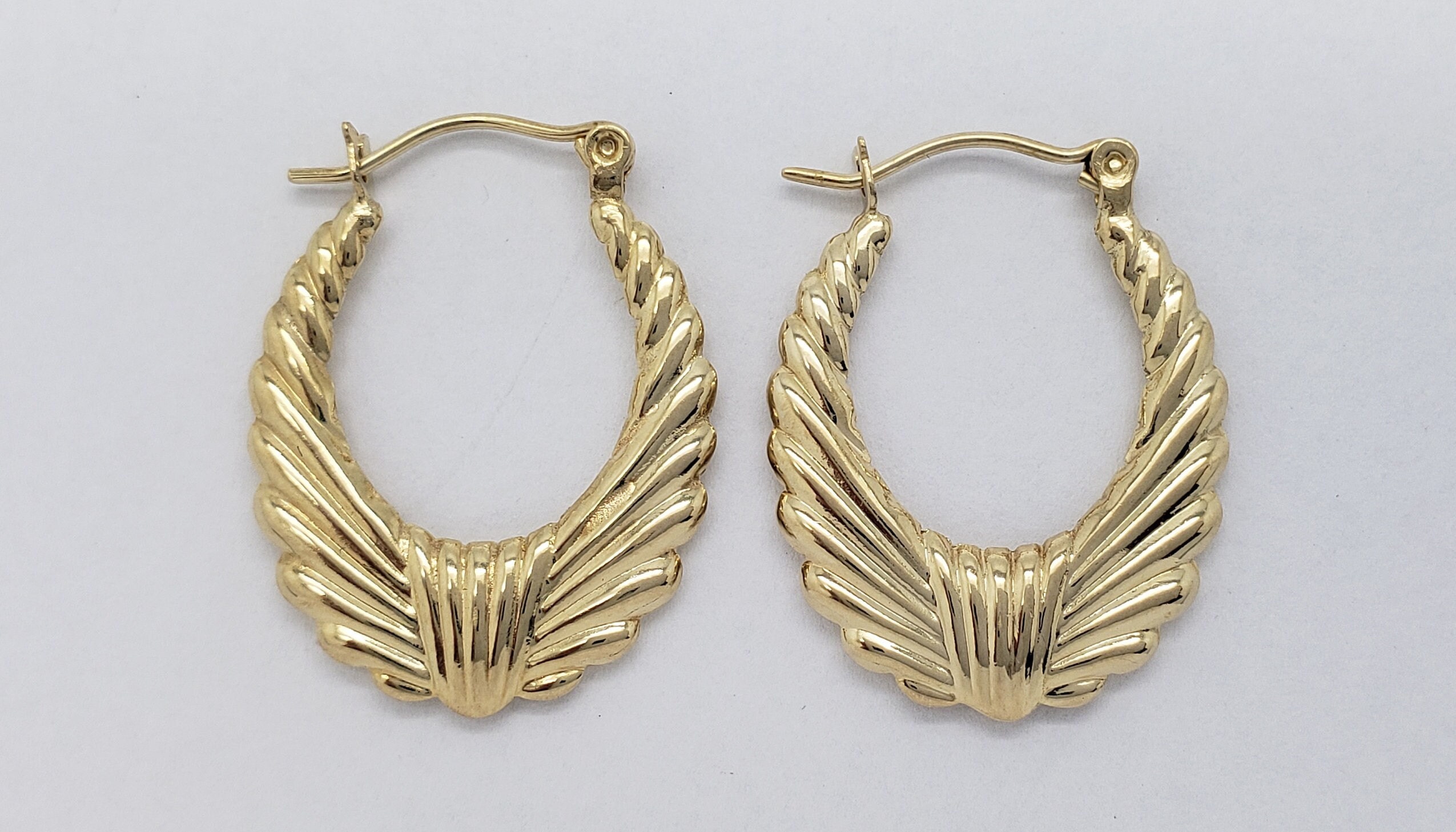 Estate 10K Solid Gold Latch Back Elongated Ornamental Hoop Earrings 1 ...