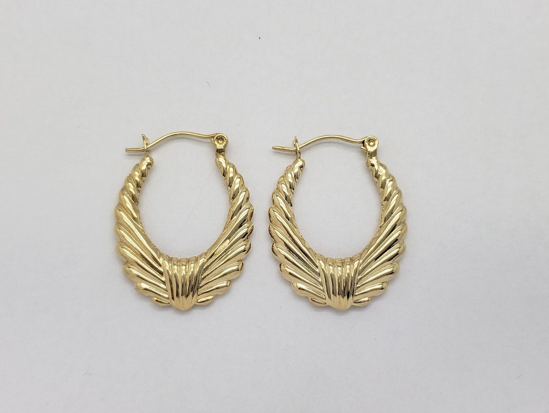Estate 10K Solid Gold Latch Back Elongated Ornamental Hoop Earrings 1 ...
