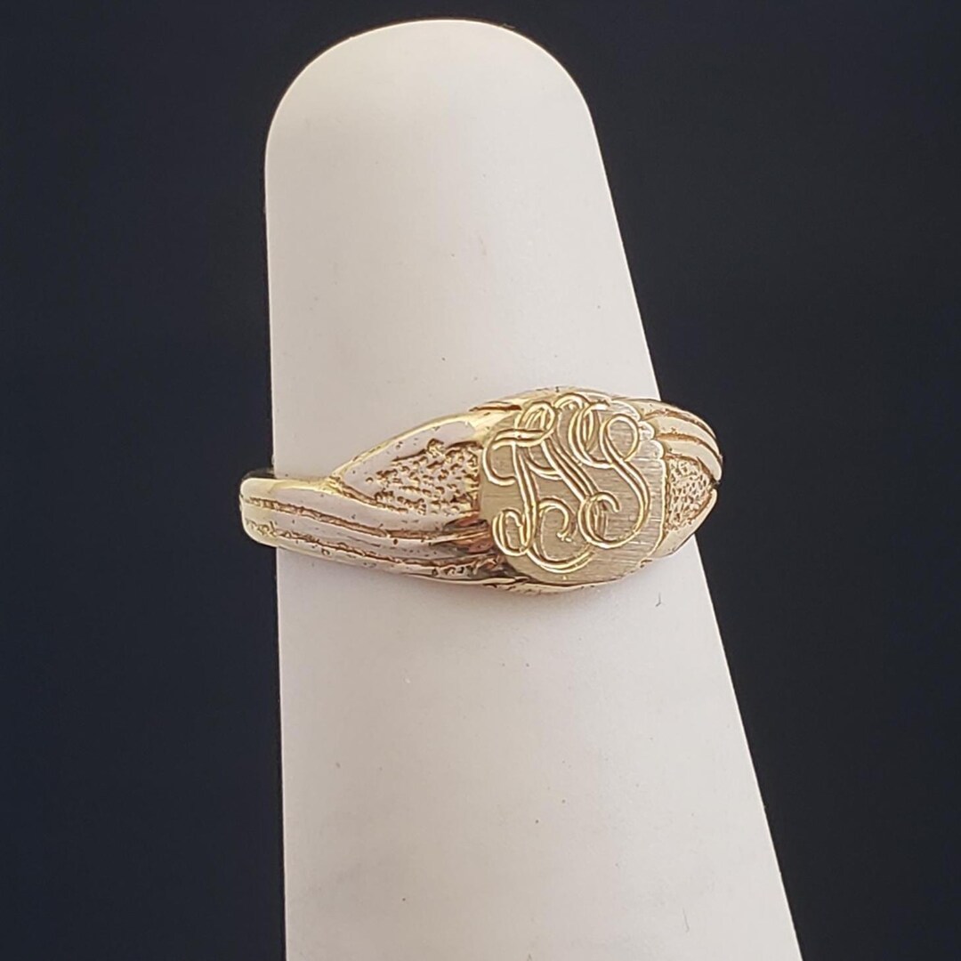 Mid-century 14K Solid Gold Tree Bark Textured Shank Child's Monogramed ...