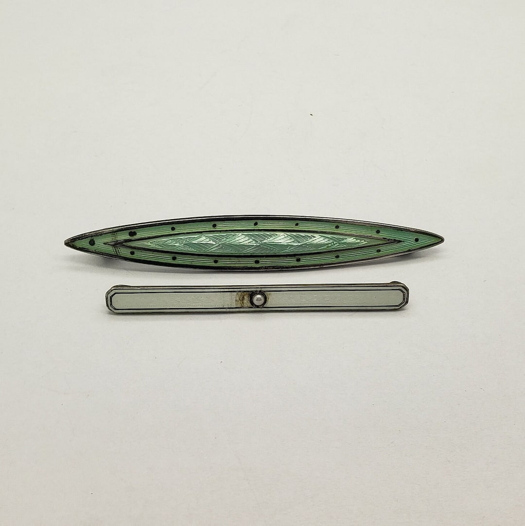 Antique Guilloche Mint Green & White Enamel Solid Sterling Silver Bar ...