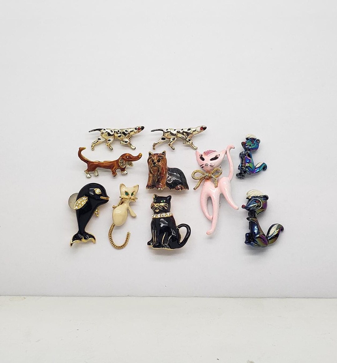 Lot of 10 Vintage Enamel Animal Brooch Pins W/3 Cats 4 Dogs (2 English ...