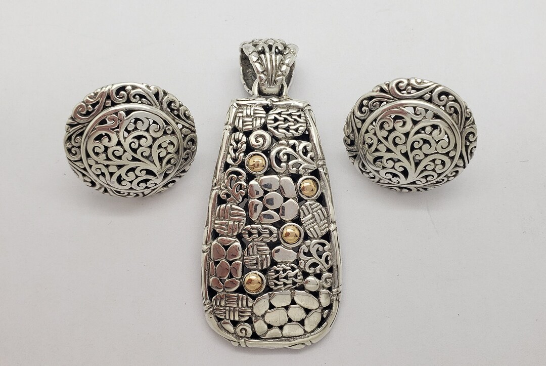 Vintage SARDA Bali 18K Gold Solid Sterling Silver Filigree Pendant 2-1/ ...