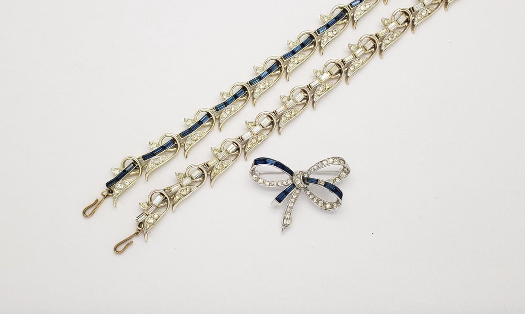 Mid-century KRAMER White & Blue Baguette Rhinestone Collar Necklaces (2 ...