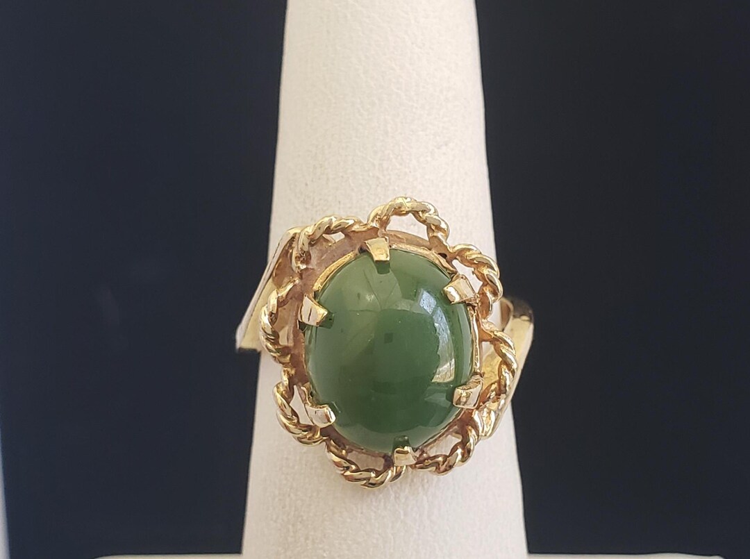 Antique Genuine Green Nephrite Oval Cut Cabochon 14K Solid Gold Ornate ...