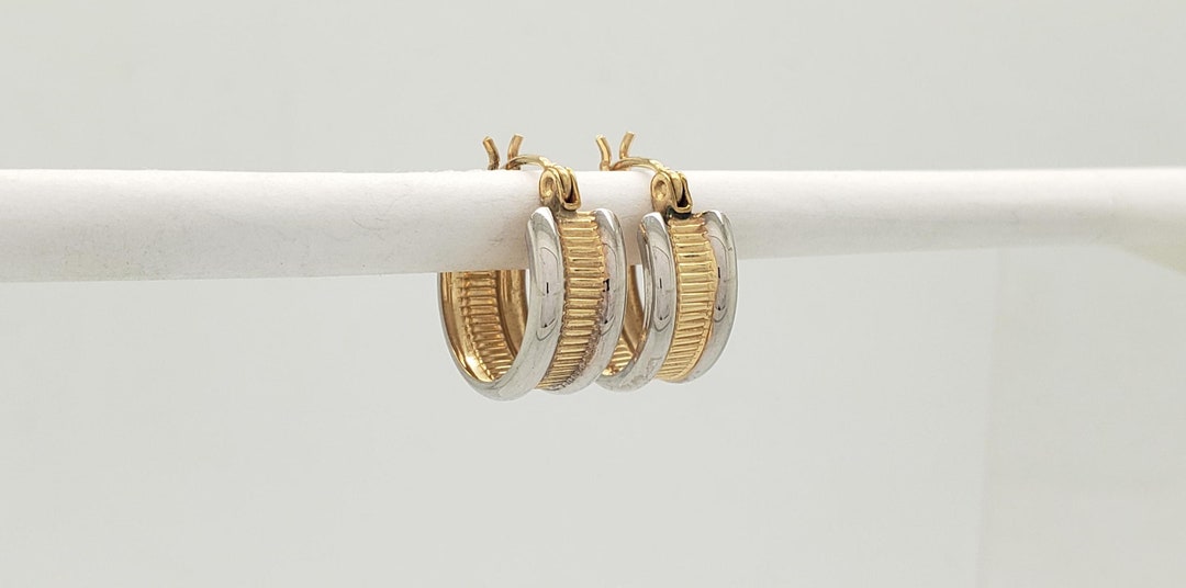 Vintage QGC 14K Yellow & White Solid Gold Latch Back Beveled Hollow ...