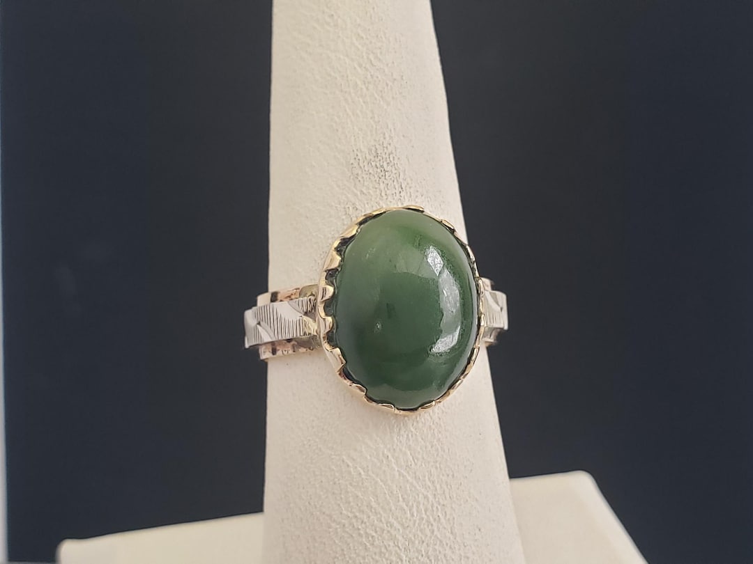 Antique Genuine Green Nephrite Oval Cut Cabochon 14K Solid Gold Ring 5. ...