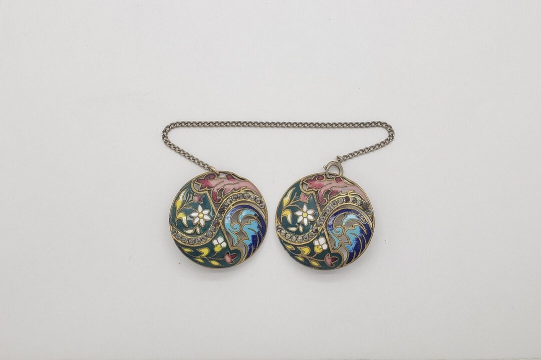 Antique French Champleve Enamel Matching Pair Floral Motif Round Buttons Repurposed Sweater ...
