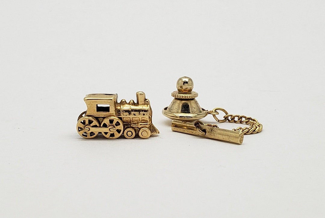 Vintage 14K Solid Gold Locomotive Train Tie Tack Pin W/movable Wheels 3 ...
