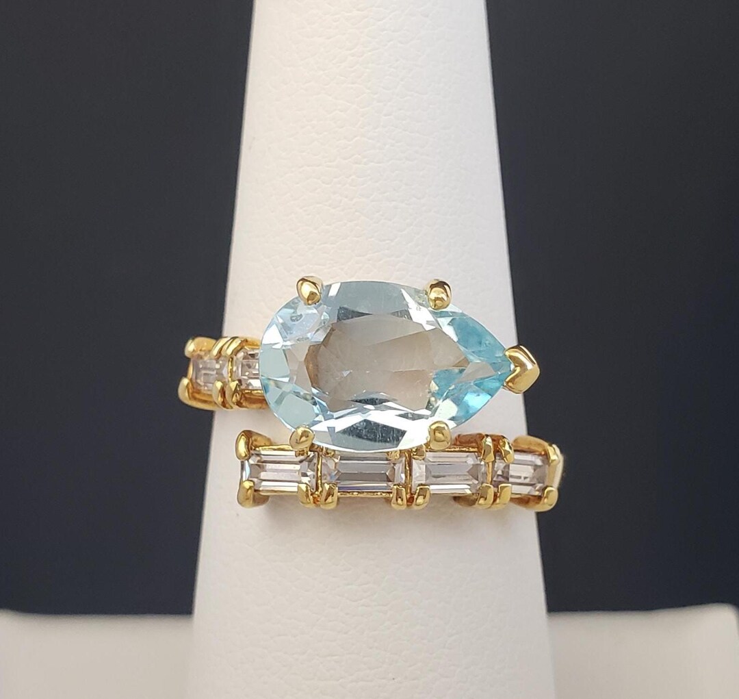 Designer Genuine Blue Topaz Pear Pendeloque White Quartz Baguette Solid ...