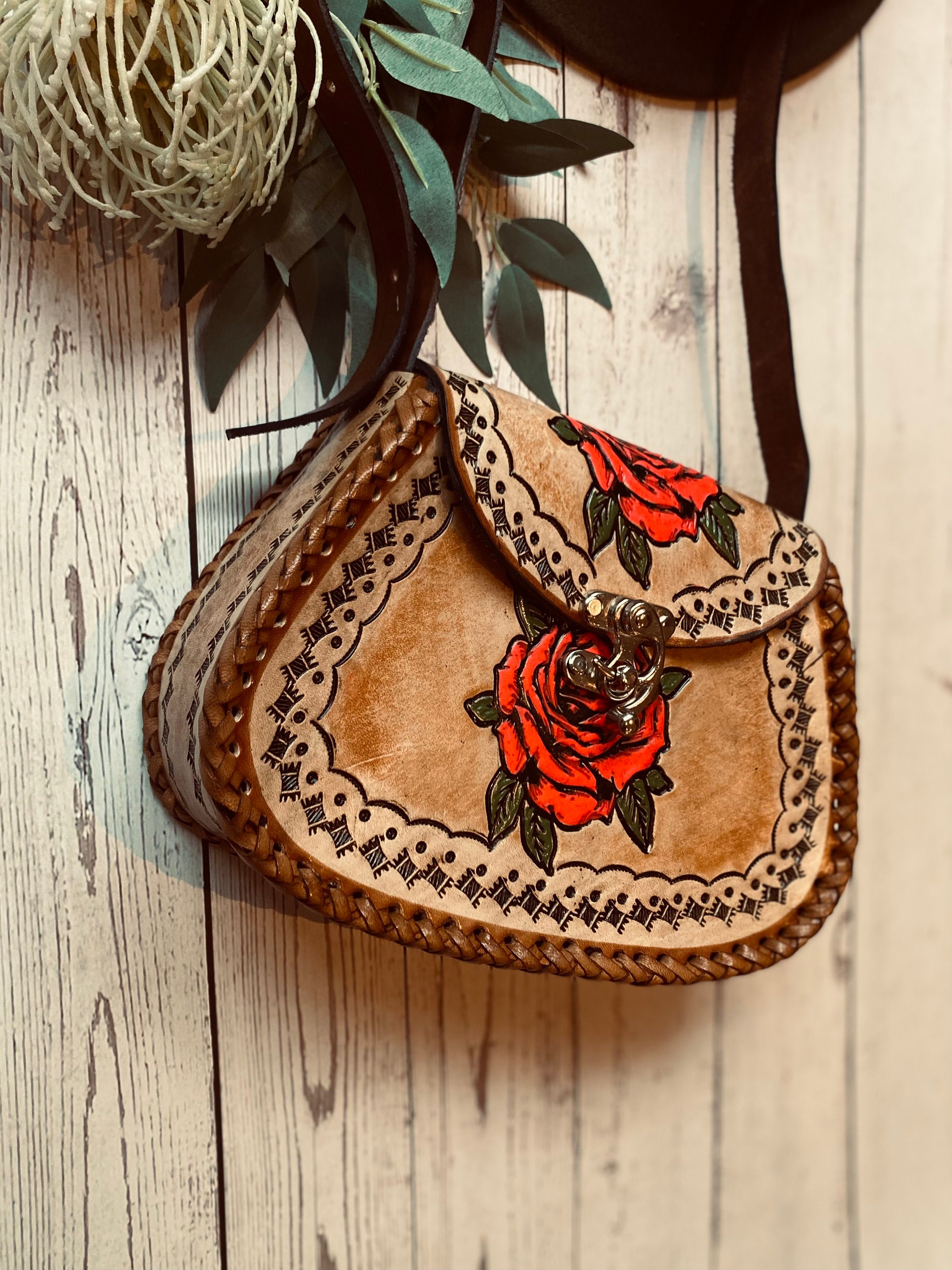 ROSE LEATHER BAG Flower Leather Bag Hand Painted Flower Bag - Etsy