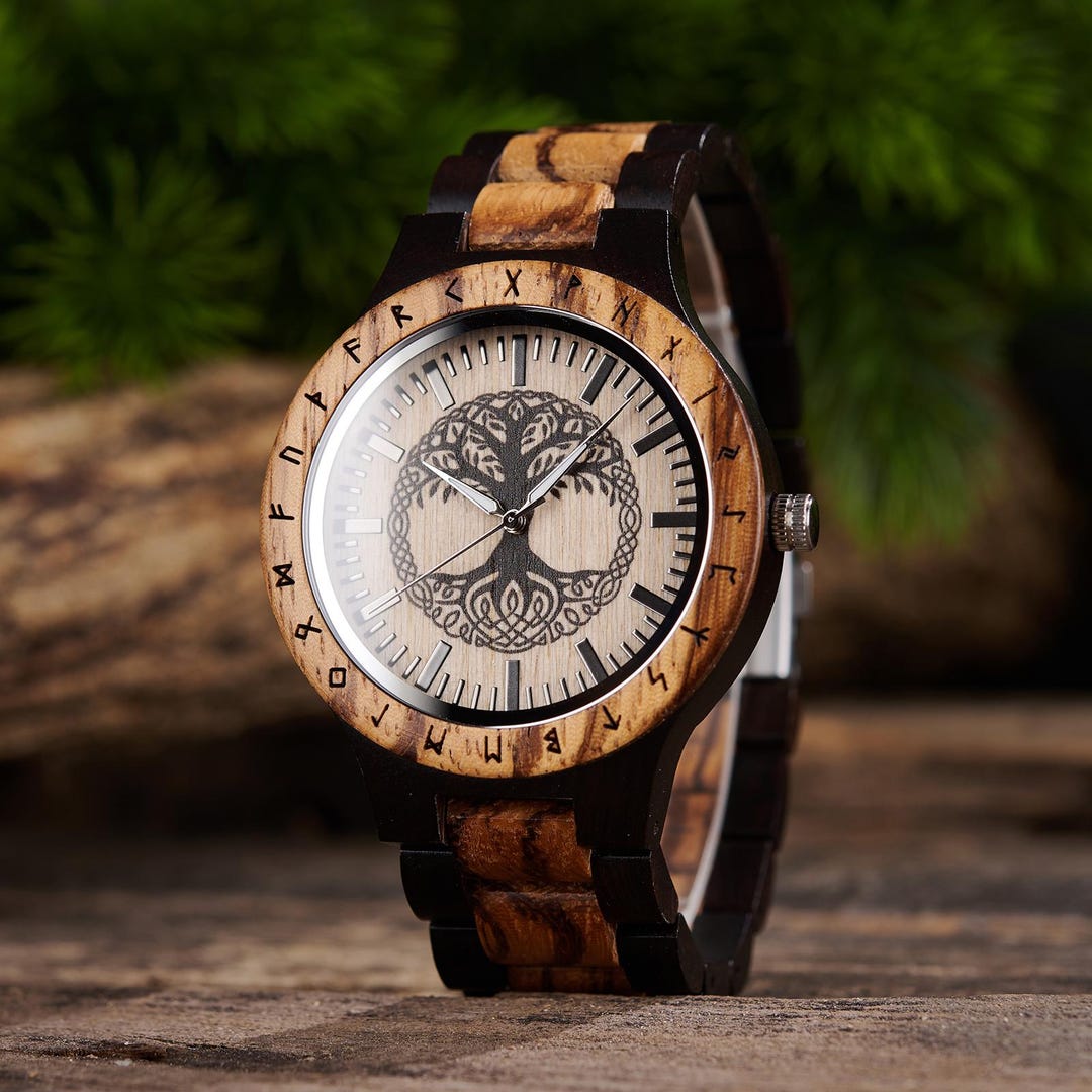 Personalized Tree of Life Yggdrasil Wooden Watch, Engraved Wooden ...